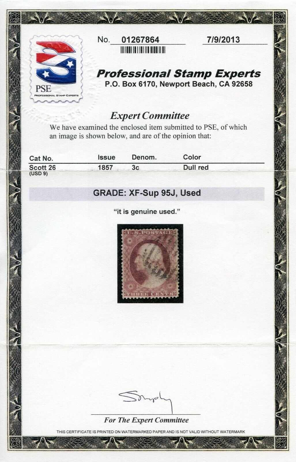 US Scott #26 Used-Xf-Superb-Jumbo Graded 95j W/ PSE Cert SMQ $525 (3/2 ...