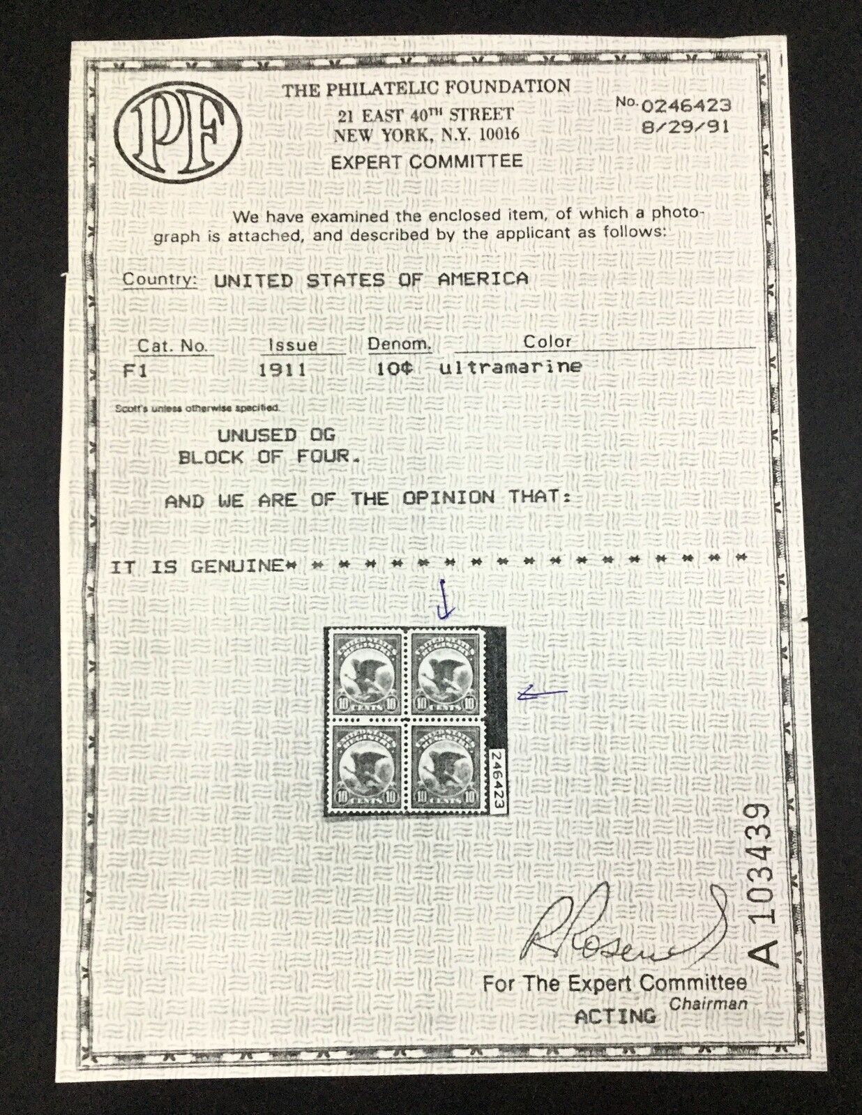 US Stamps #F1 Registration Mint OG NH XF PF Cert LOT #85384 | United ...