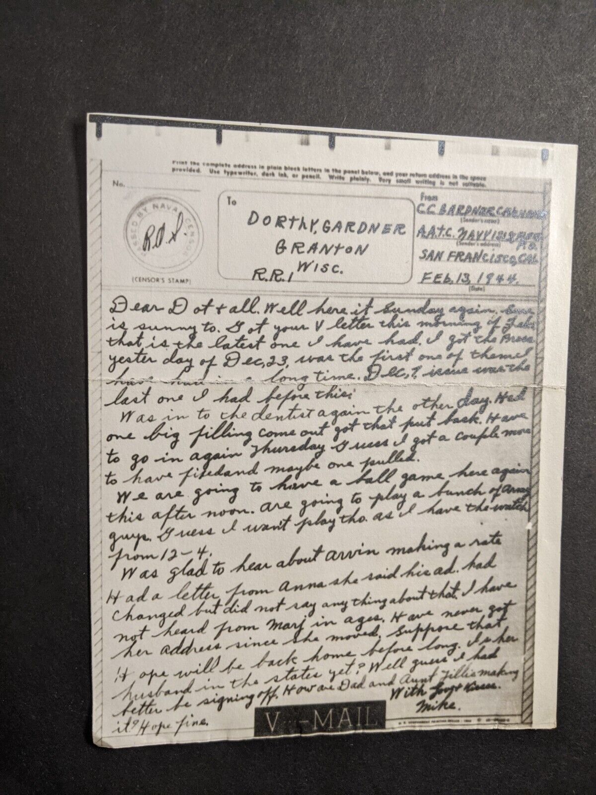 NAVY #131 Noumea, New Caledonia 1944 Censored WWII Naval Cover V-MAIL ...