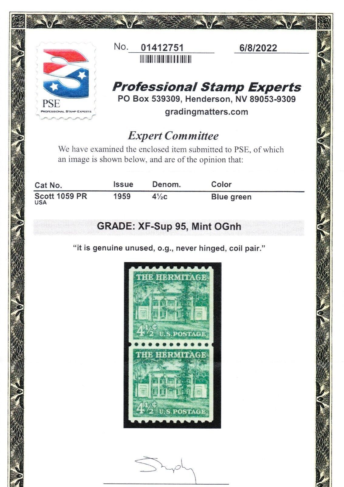 MOstamps - US #1059 Mint OG NH Pr graded 95 w/ PSE cert - Lot # MO-4160 ...