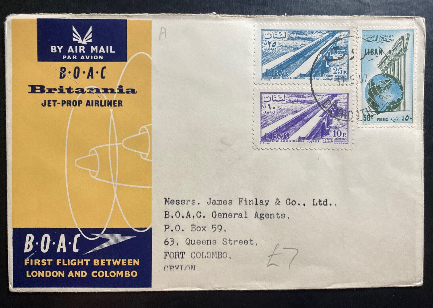 1957 Beirut Lebanon First Flight Cover To Fort Colombo Ceylon BOAC Jet ...