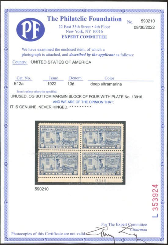 U.S. #E12A Mint PL# Block of 4 With PF Cert OG NH | United States ...