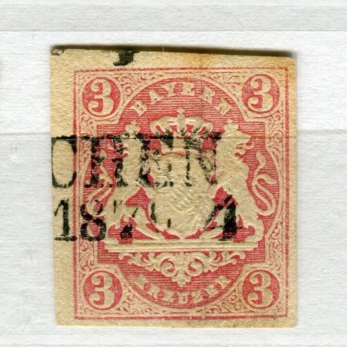 GERMANY; BAVARIA 1867 classic Imperf issue used Shade of 3k. value ...