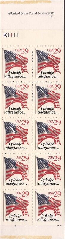 US Stamp - 1992 29c Flag, Pledge Allegiance - 10 Stamp Booklet - Scott ...