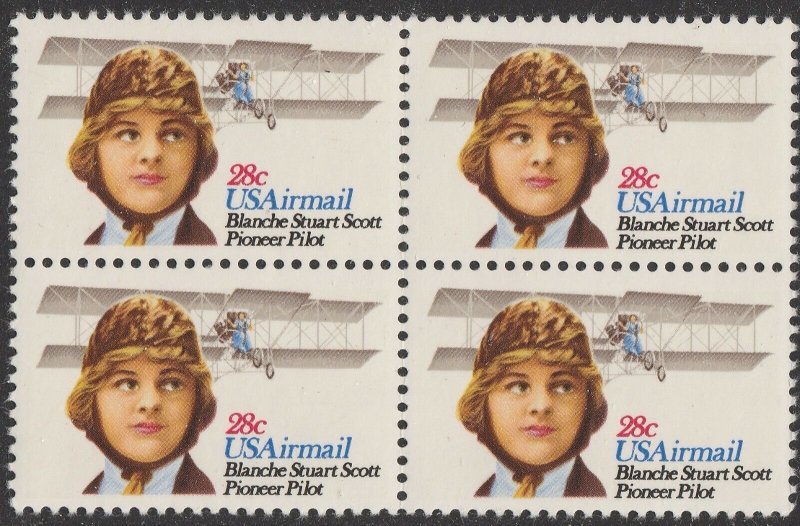 1980 Blanche Stuart Scott, Pioneer Pilot Block of 4 28c Airmail Postage ...