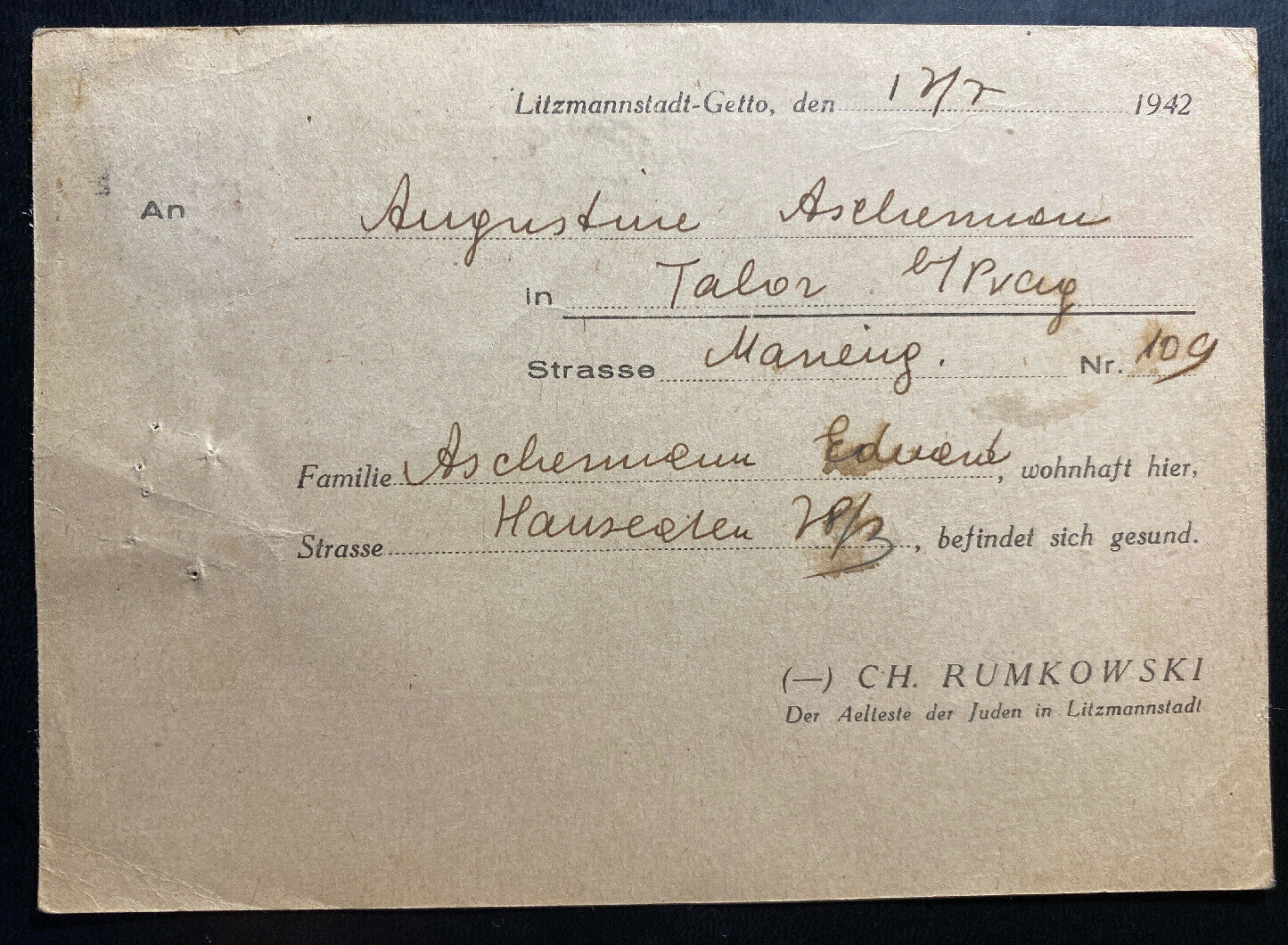 1942 Chaim Rumkowski Germany Litzmannstadt Ghetto PS postcard Cover To ...
