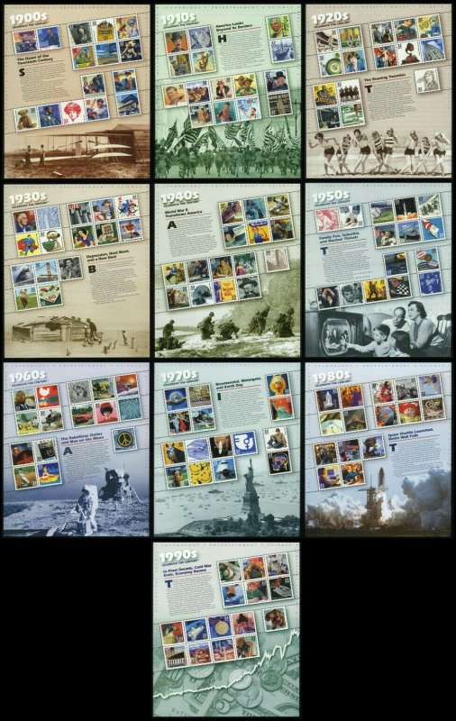 Celebrate the Century 10 Sheets of 15 Postage Stamps Complete Set Scott ...