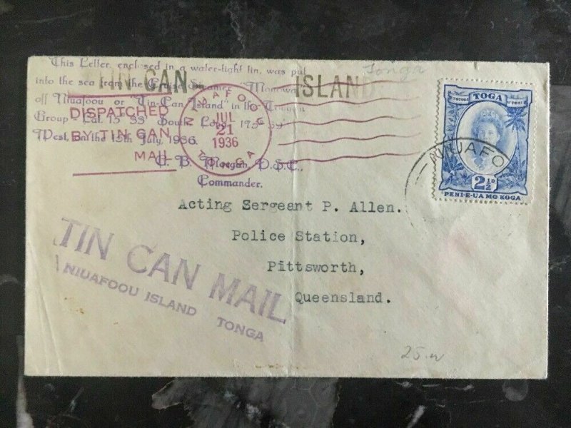 1936 Niuafoou Tonga Toga Tin Can Canoe Mail Cover to Police Station ...