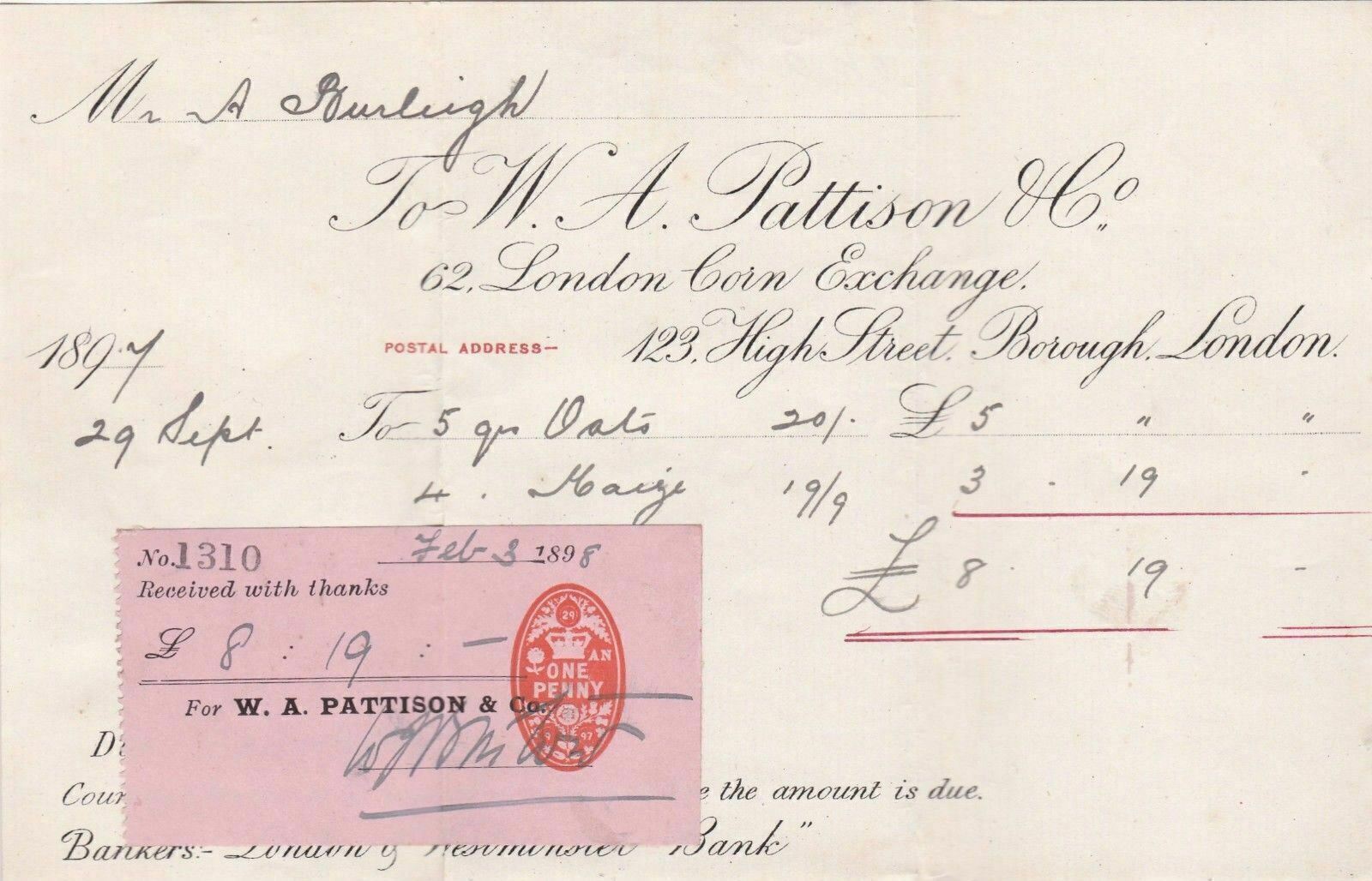 1898 London Corn Exchange Receipt | United States, Stamp / HipStamp
