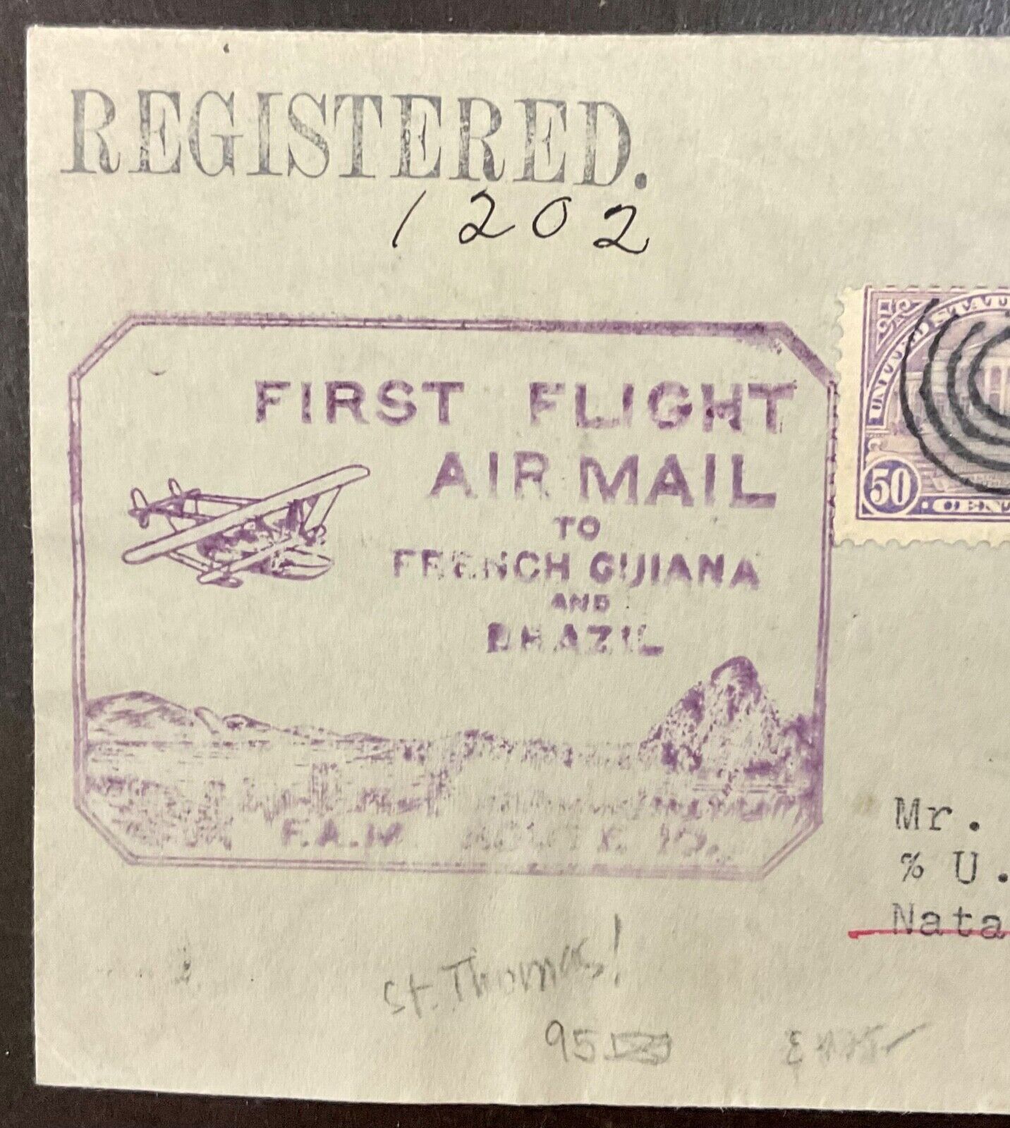 1930 Flight Cover 1st Flight Air Mail French Guiana/Brazil Forwarded ...