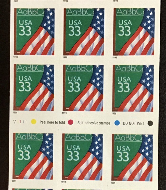 3283a 33 cent Flag over Chalkboard Plate V1111 ATM Pane of 18 1999 ...