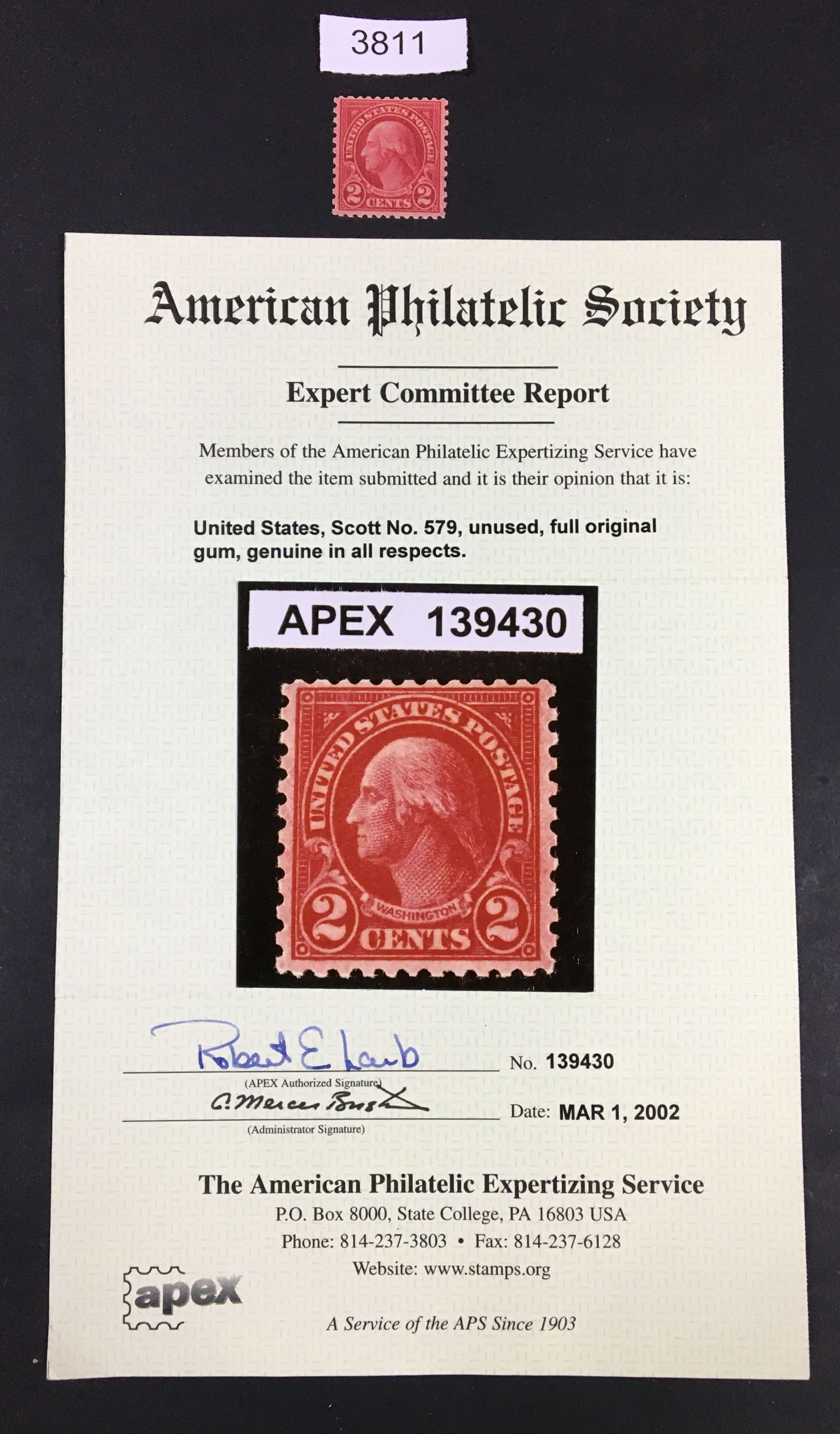 US Stamps # 579 Mint OG NH **Aps Cert** LOT #H 3811 | United States ...