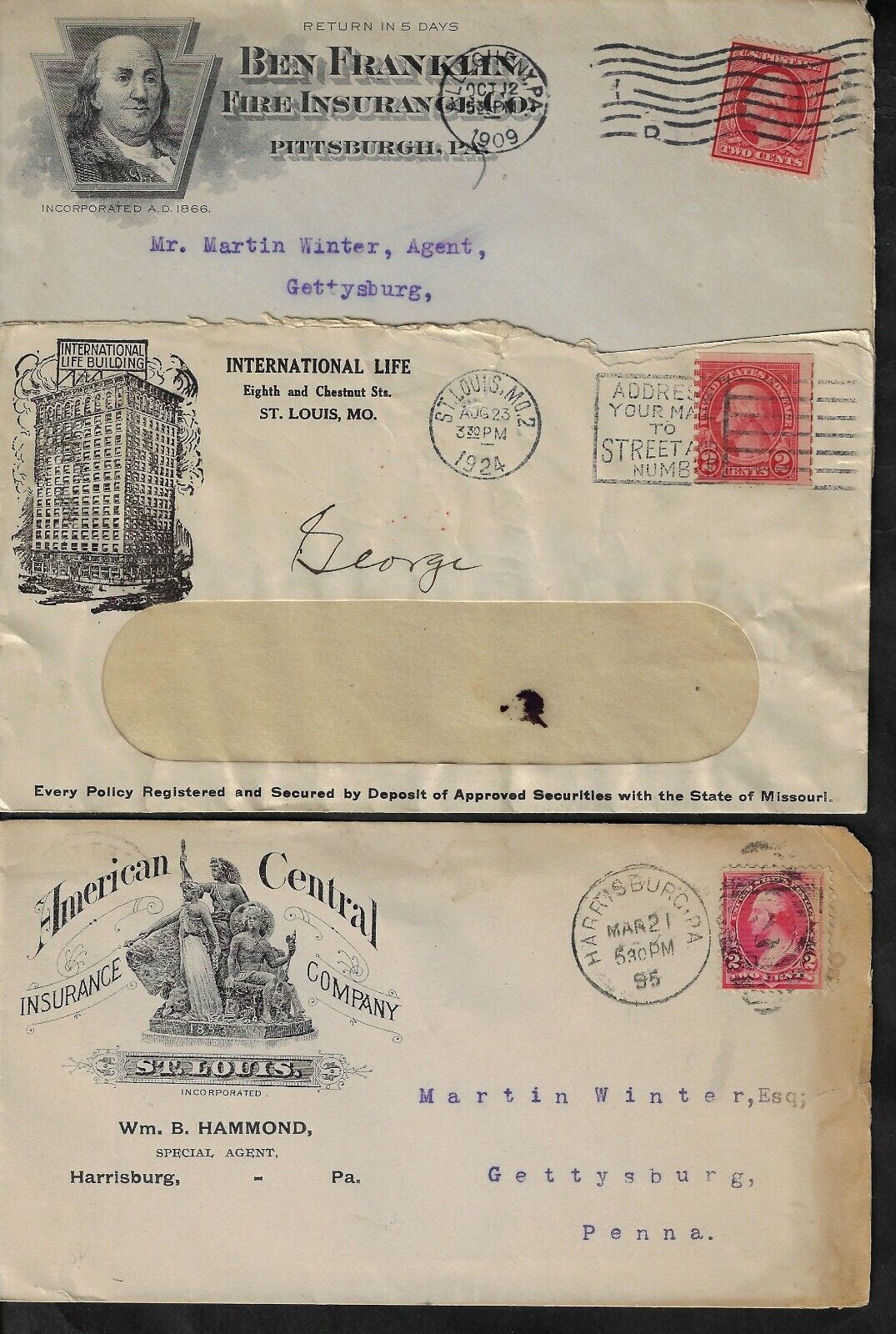 US 1895 1911 Three Advertising Insurance Company Covers BEN Franklin ...