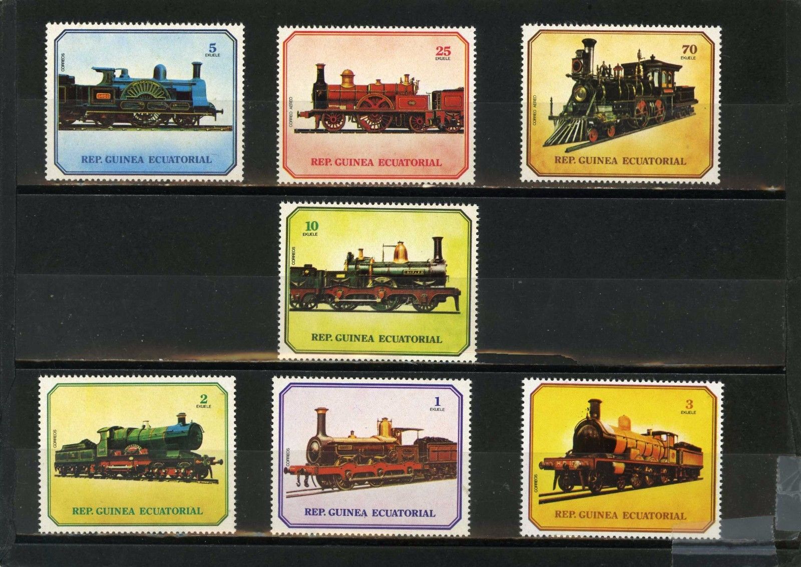 EQUATORIAL GUINEA LOCOMOTIVES /TRAINS SET OF 7 STAMPS MNH / HipStamp