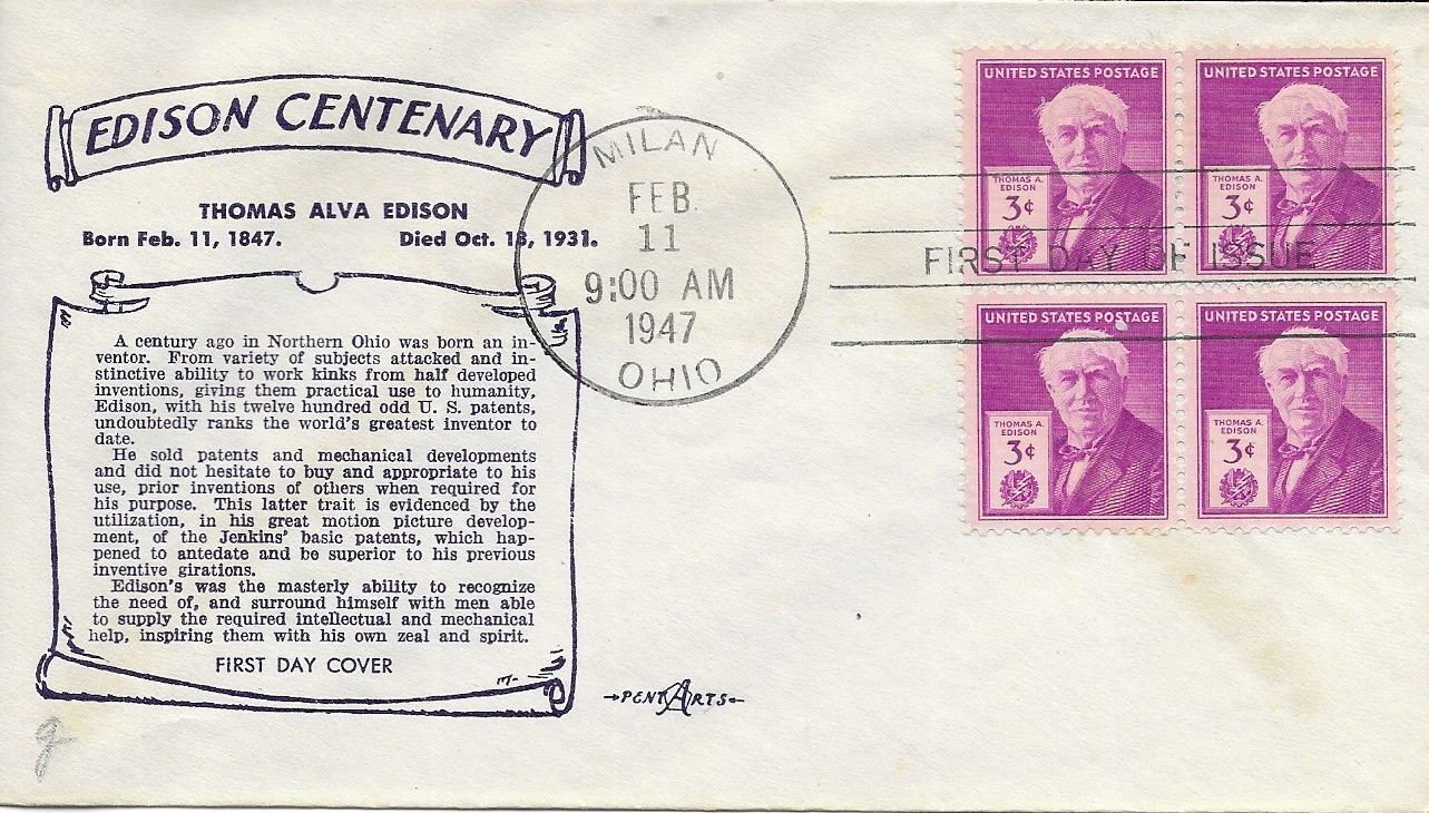 1947 FDC, #945, 3c Thomas A. Edison, Pent Arts M-5, block of 4 | United ...