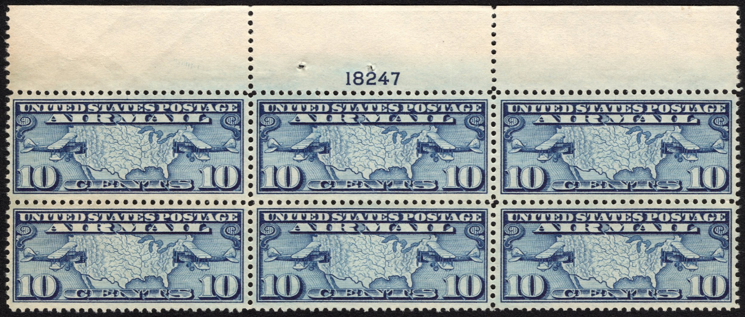MNH 1926 Mail Planes Over the U.S.A. PNB of Six Stamps, Scott #C7 ...