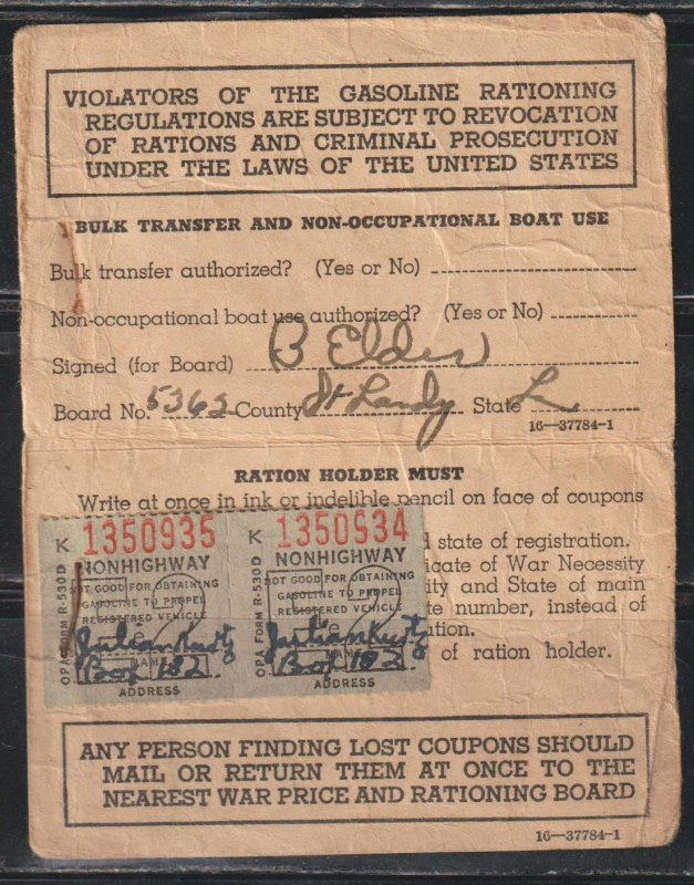 United States WWII Gas Ration Card with two stamps | United States ...