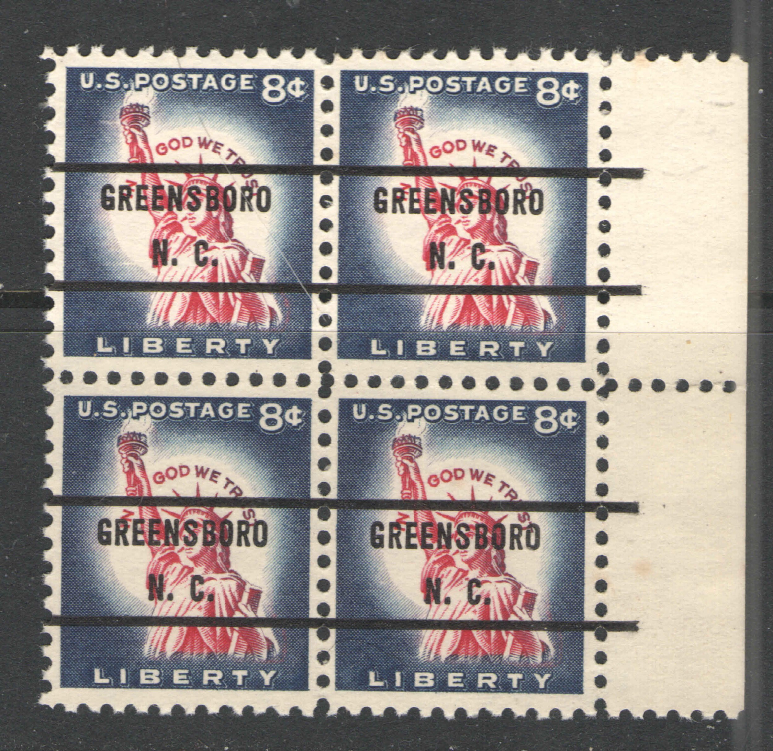 US 1958 Sc# 1042 MNG VG - Block of 4 Greensboro N.C. Precancel | United ...