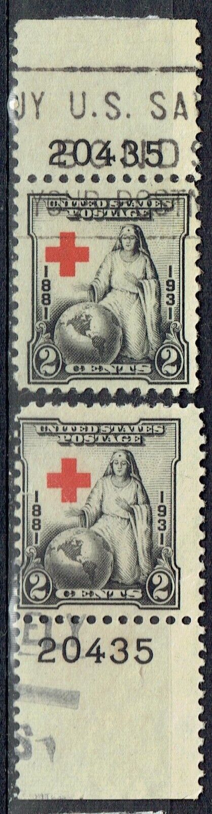1931 2 2c RED CROSS (702) w/matched black plate nos 20435! TOP & BOTTOM ...