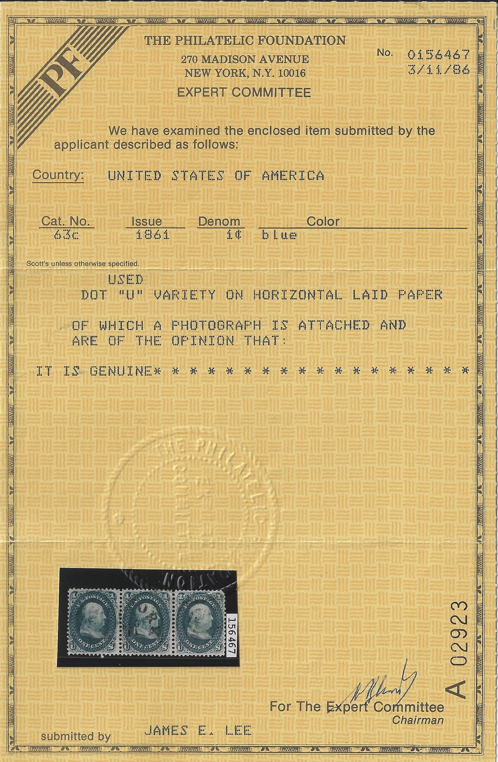 Scott #63c - $3,750.00 – VF-used - Horizontal Laid Paper – Showpiece ...