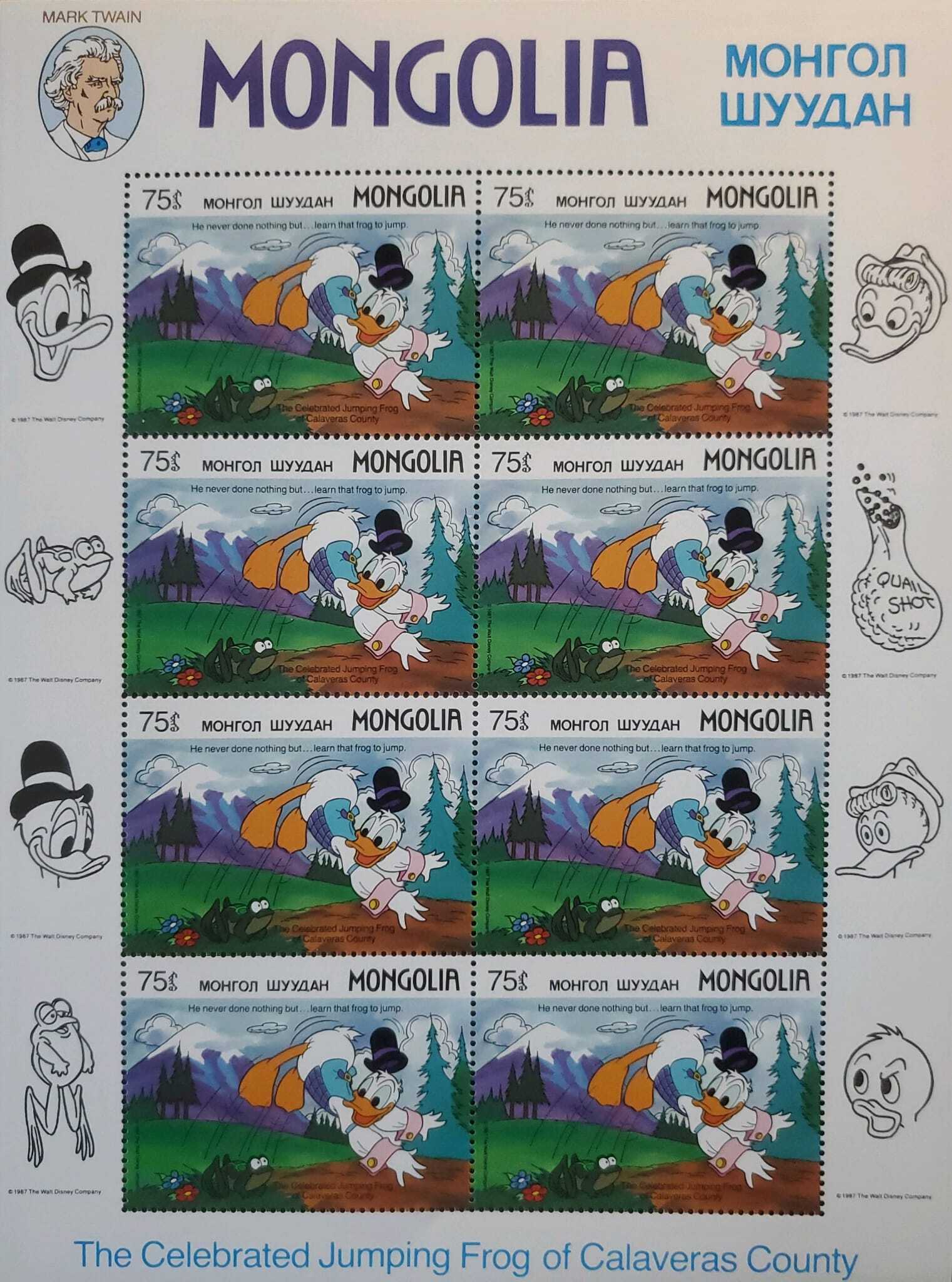 P) 1987 Mongolia, Walt Disney, Mark Twain, Celebrated Jumping Frog ...