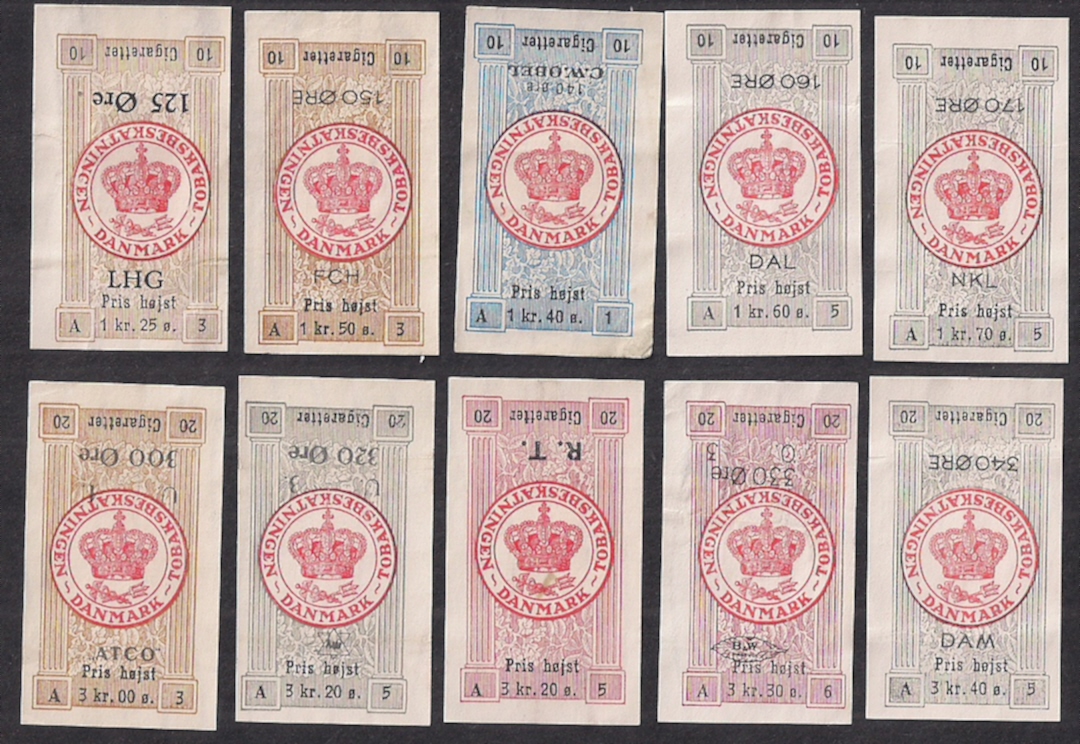 DENMARK: CIGARETTE STAMPS 10 Different denoms & colors UNUSUAL OFFERING ...