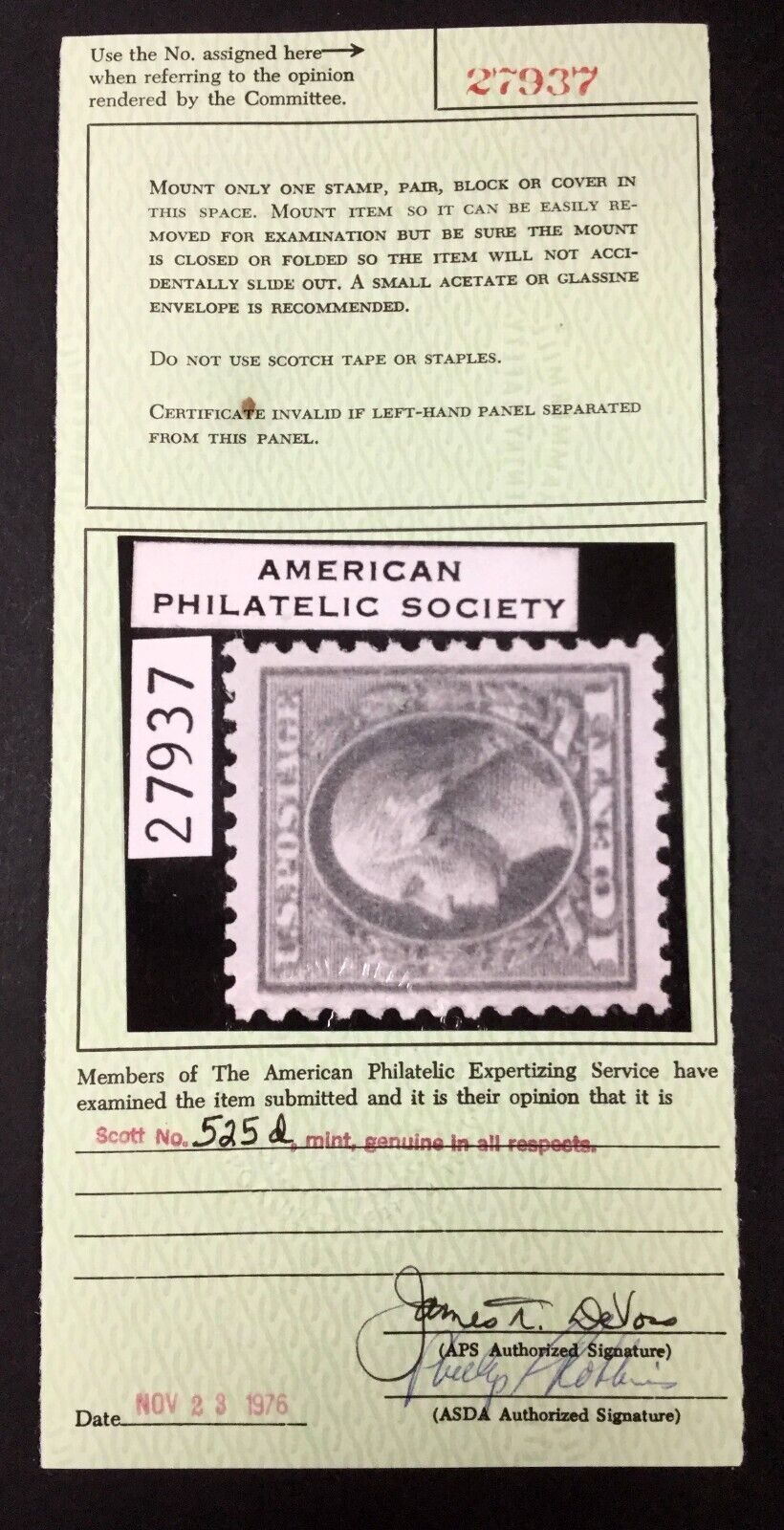 US Stamps #525D Double Impression Mint OG NH XF Jumbo APS Cert LOT ...