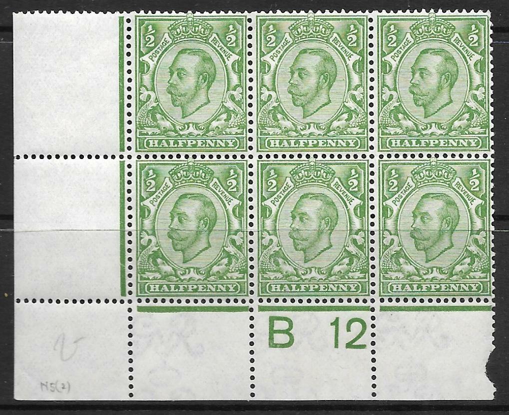 N5(2) ½d Pale Green Block of 6 control B12(w) perf 2A UNMOUNTED MINT ...