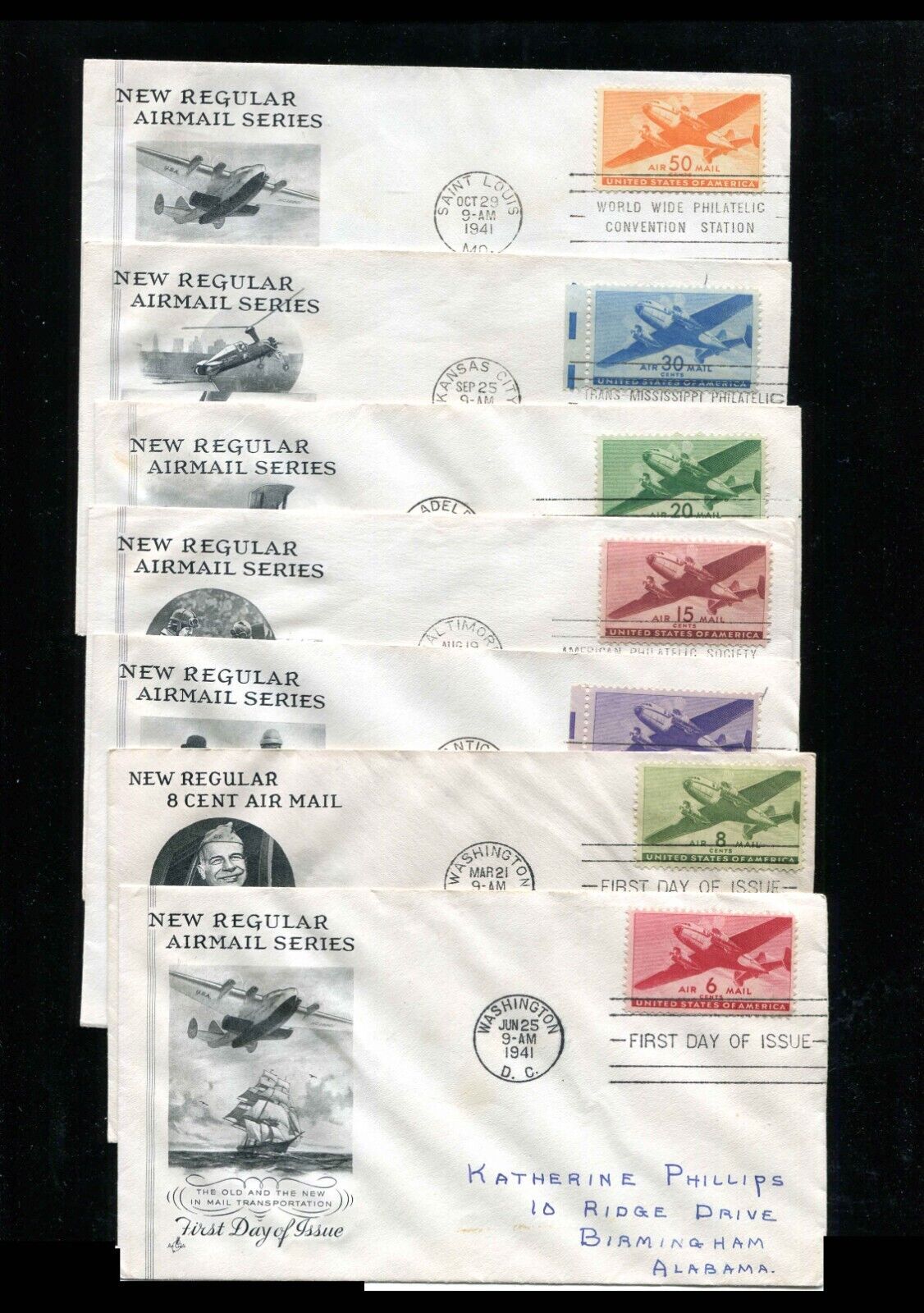 US Stamps #C25-C31 1941-44 Transport Plane Air Mail Set of 7 FDC Art ...