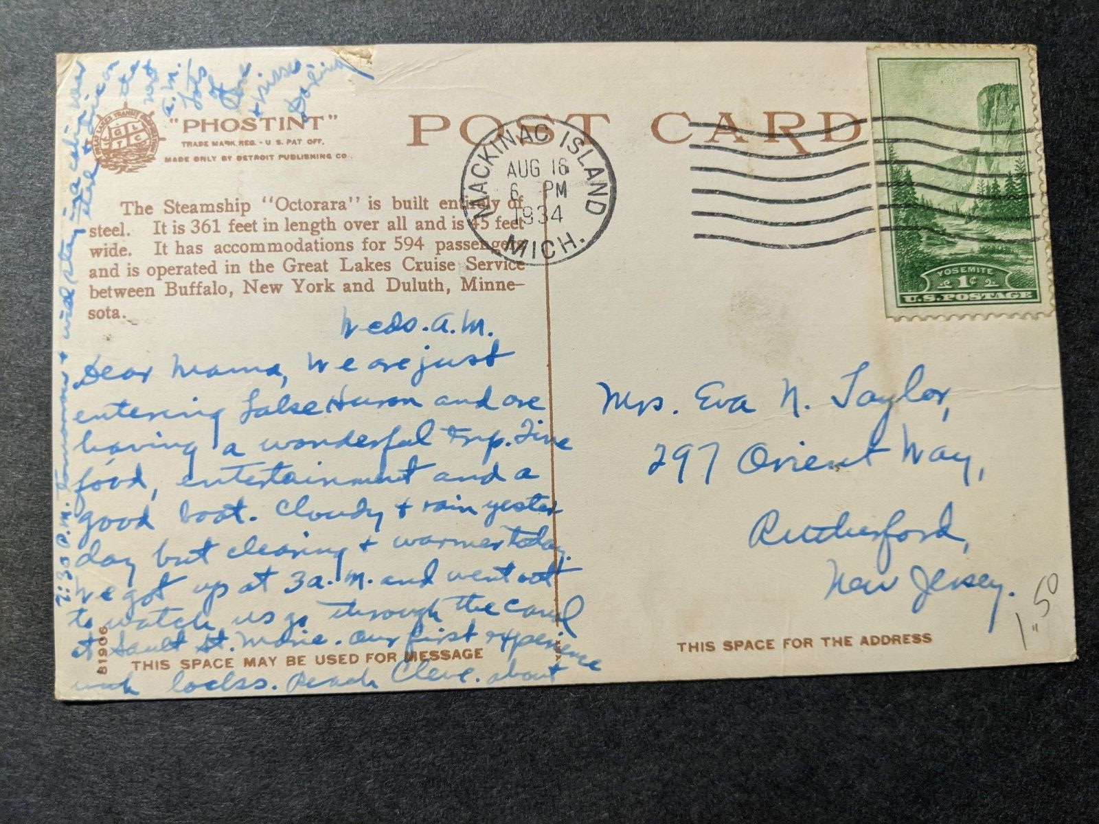 Steamer SS OCTORARA 1934 Naval Postcard w/ note MACKINAC ISLAND ...