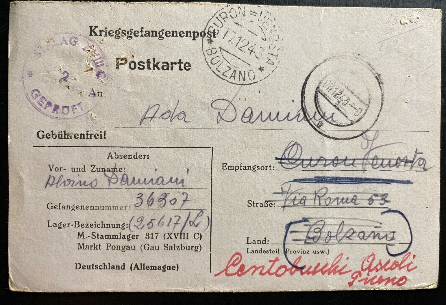 1943 Germany Stalag 18C POW Prisoner of War Postcard Cover To Bolzano ...