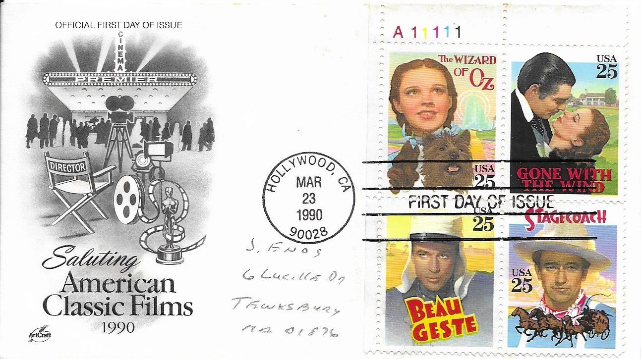 1990 FDC, #2458a, 25c American Classic Films, Art Craft, plate block ...