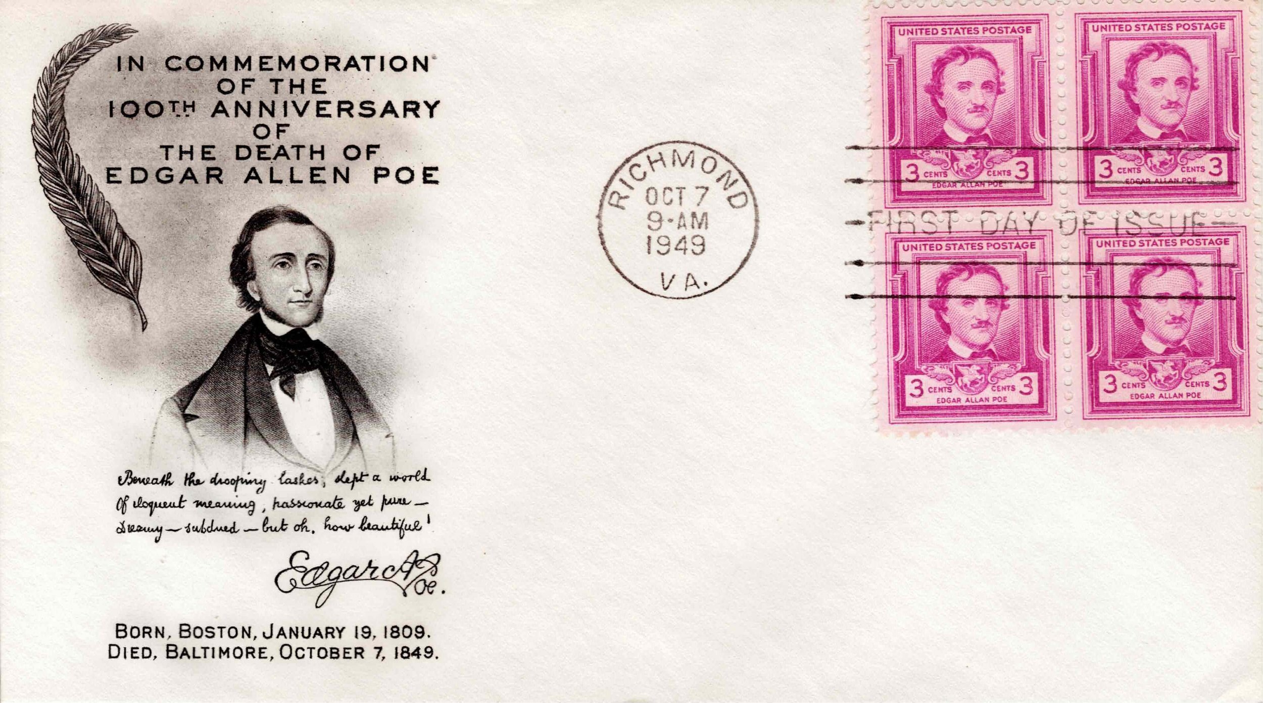 USA 1949 FDC Sc 986 Fulton Cachet Block of 4 Edgar Allen Poe First Day ...