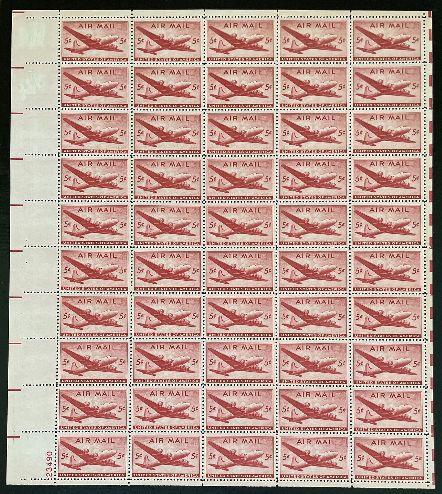 C32 MILITARY TRANSPORT PLANE Sheet of 50 US Airmail 5¢ Stamps MNH 1947 ...