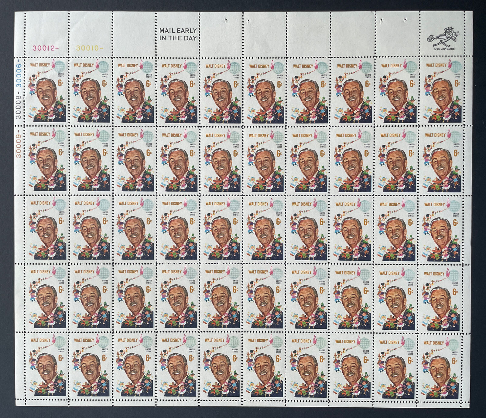 1355 WALT DISNEY Sheet of 50 US 6¢ Stamps 1968 NH, Minor Flaws | United ...