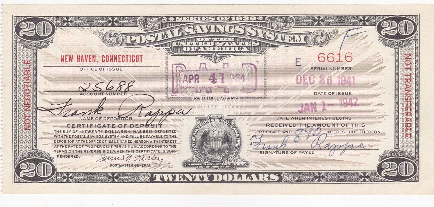 $20 Series of 1939 Postal Savings System Certificate Paid New Haven CT ...