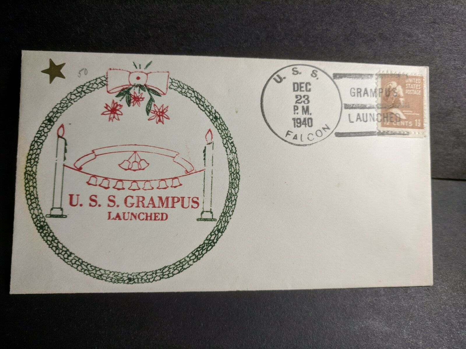 USS GRAMPUS SS-207 Naval Cover 1940 CHRISTMAS Launch Cachet USS FALCON ...