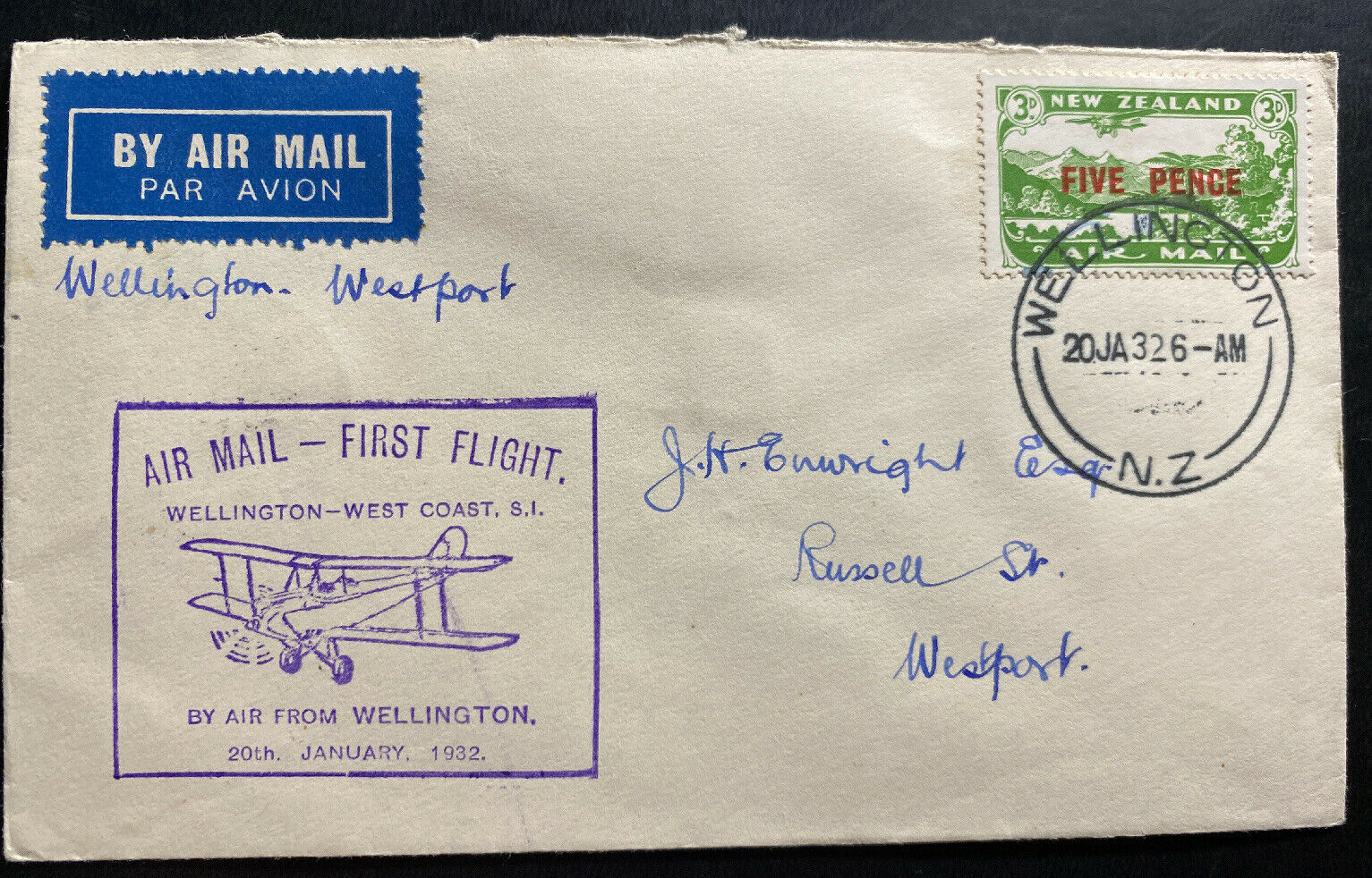 1932 Wellington New Zealand First Flight Airmail Cover FFC To Westport ...