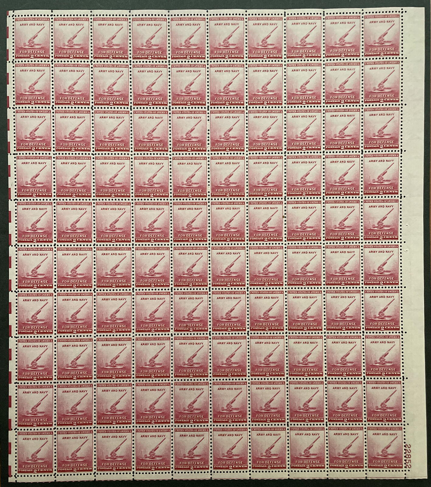 900 ARMY AND NAVY FOR DEFENSE Sheet of 100 US 2¢ Stamps MNH 1940 Plate ...
