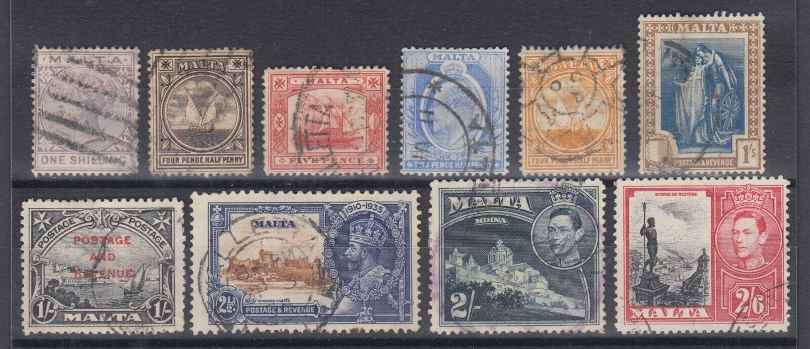 Malta Sc 13, 16, 109, 203 used. 1885-1938 issues, 10 different, 8 sound ...
