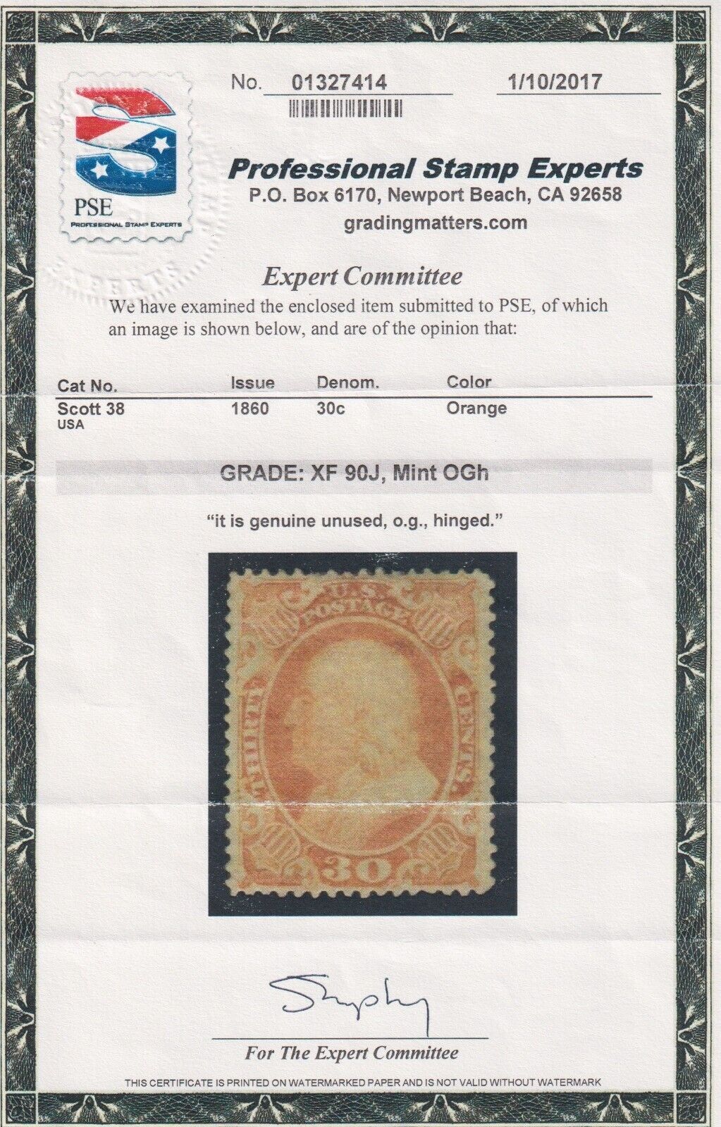 38 Jumbo-XF original gum previously hinged PSE 90J cert nice color ...