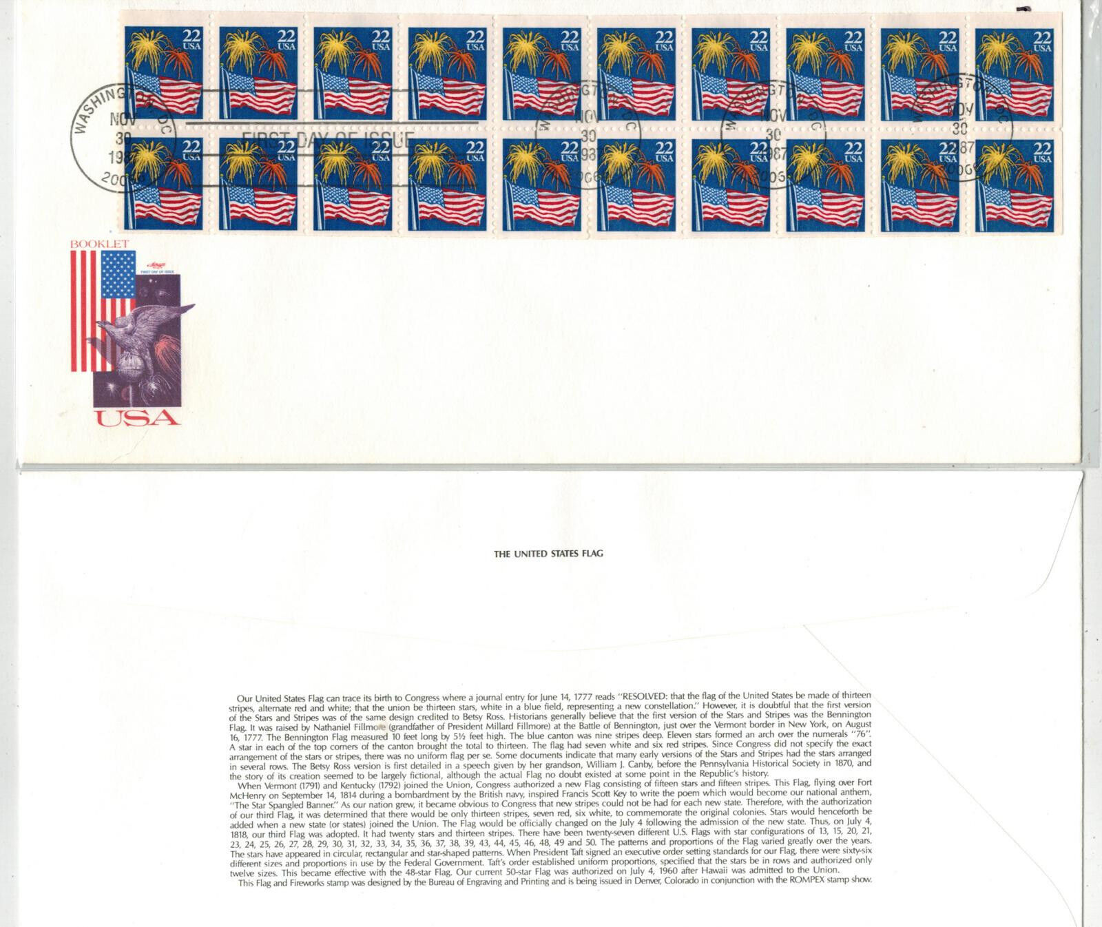 1987 High Value 2276a Complete Booklet Pane of 20 Flag and Fireworks $4 ...