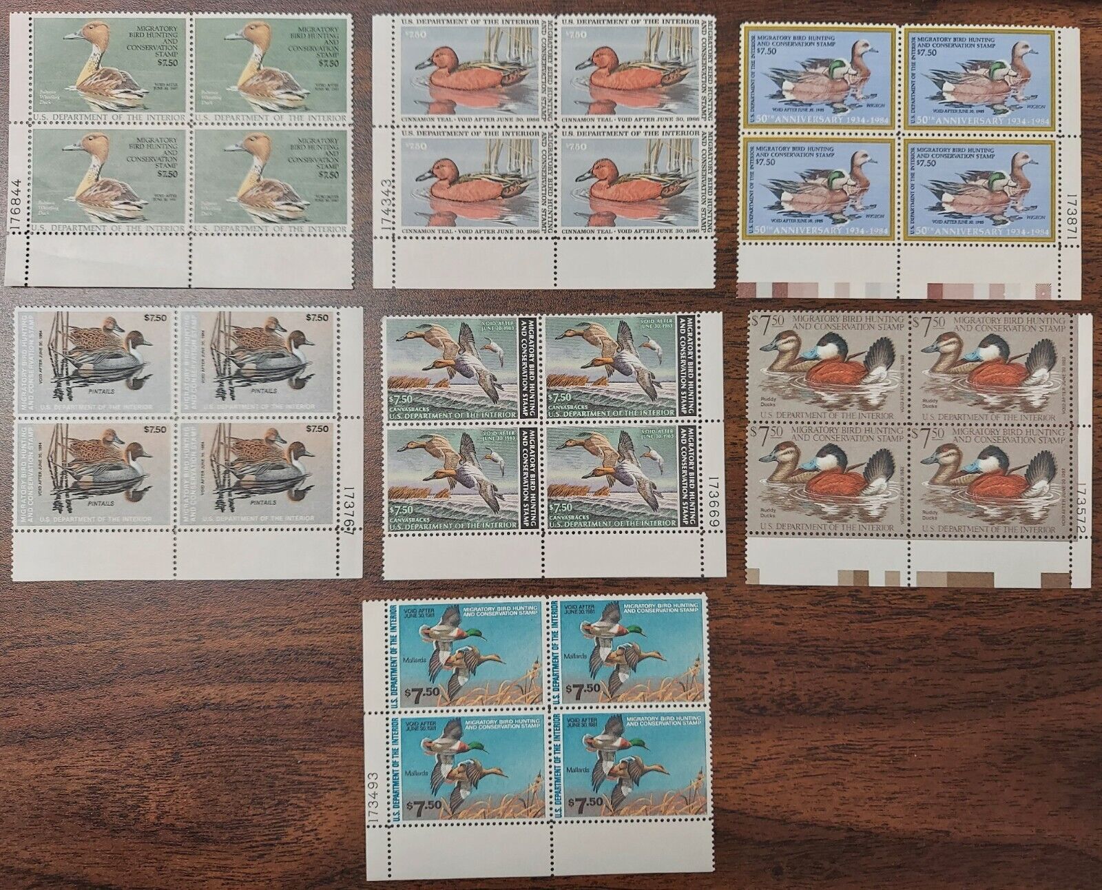 US #RW47-53, Group of $7.50 DUCK PLATE BLKS of 4, NH, VF, Scott $395 ...
