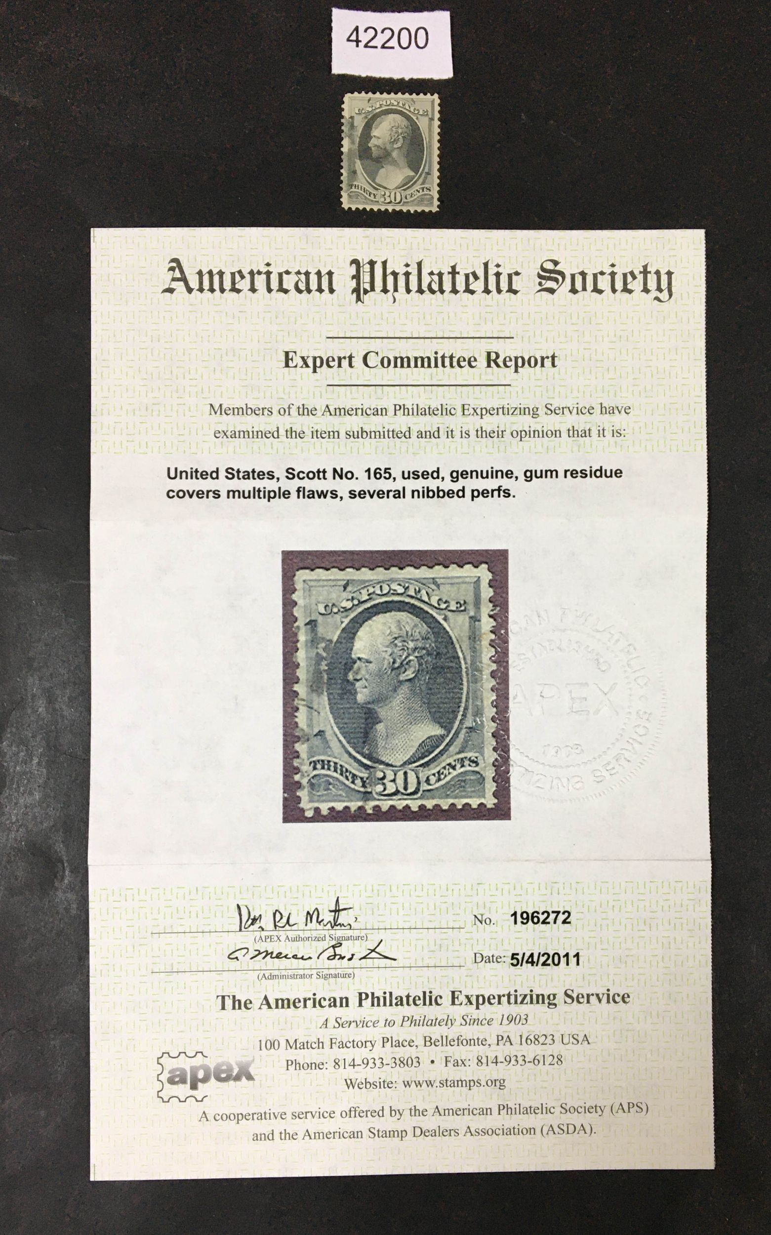 US Stamps # 165 Used **Aps Cert** $140 LOT #42200 | United States ...