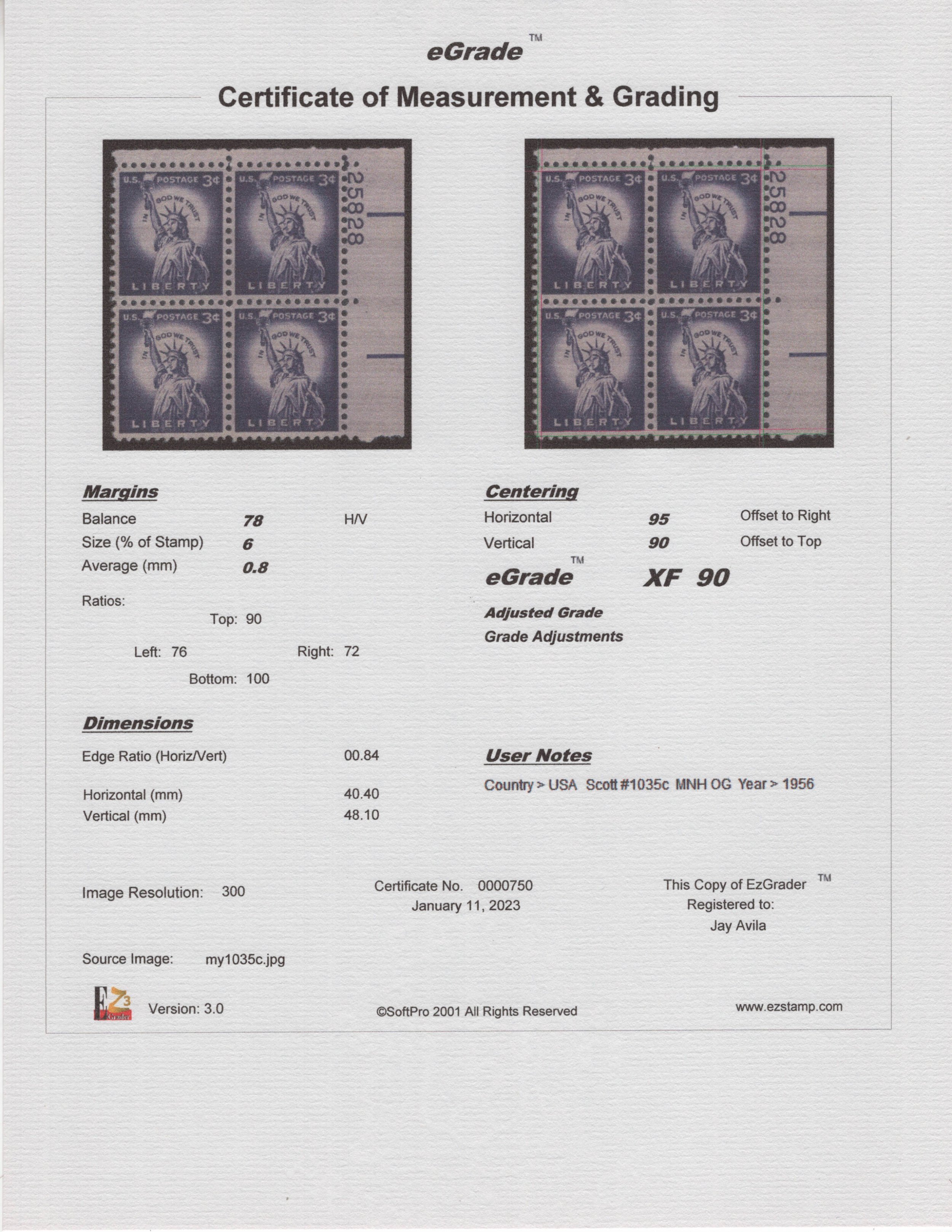 US Scott #1035c MNH OG "Dry Printing" eGraded With Certificate eGrade ...