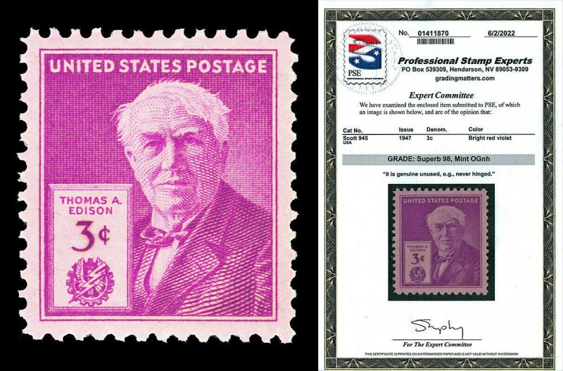 Scott 945 1947 3c Thomas Edison Issue Mint Graded Superb 98 NH with PSE ...