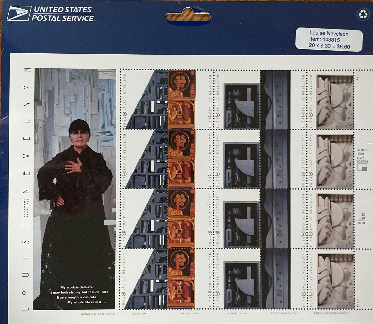 Scott 3379-3383 LOUISE NEVELSON Sheet of 20 US 33¢ Stamps 2000 MNH USPS ...