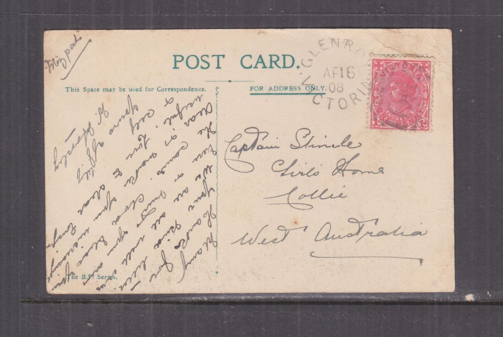 VICTORIA,1665, GLENROY cds, 1908 ppc Alexandra Ave, to Collie, Western ...