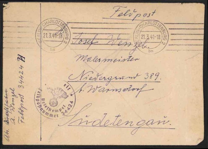 3rd Reich Germany NSKK Regiment Speer Feldpost Warnsdorf Sudetenland ...