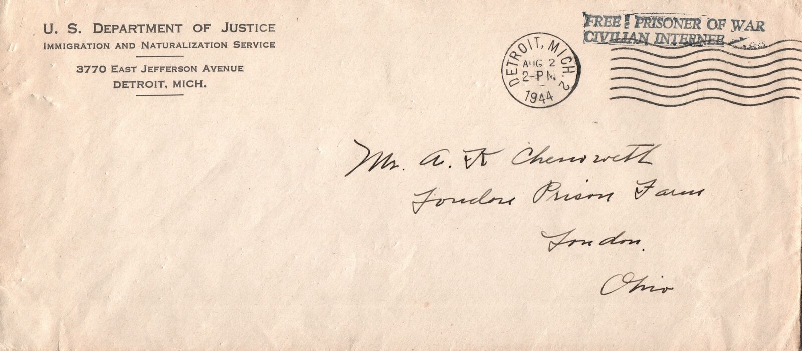 U.S. Dept. of Justice Franked "Free Prisoner of WAR Civilian Internee ...